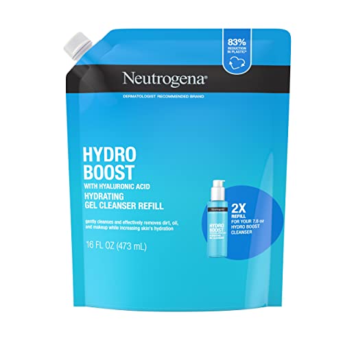 Neutrogena Hydro Boost Lightweight Hydrating Facial Cleansing Gel, Gentle Face Wash & Makeup Remover with Hyaluronic Acid, Hypoallergenic & Non Comedogenic, Refill Pouch, 16 fl. oz