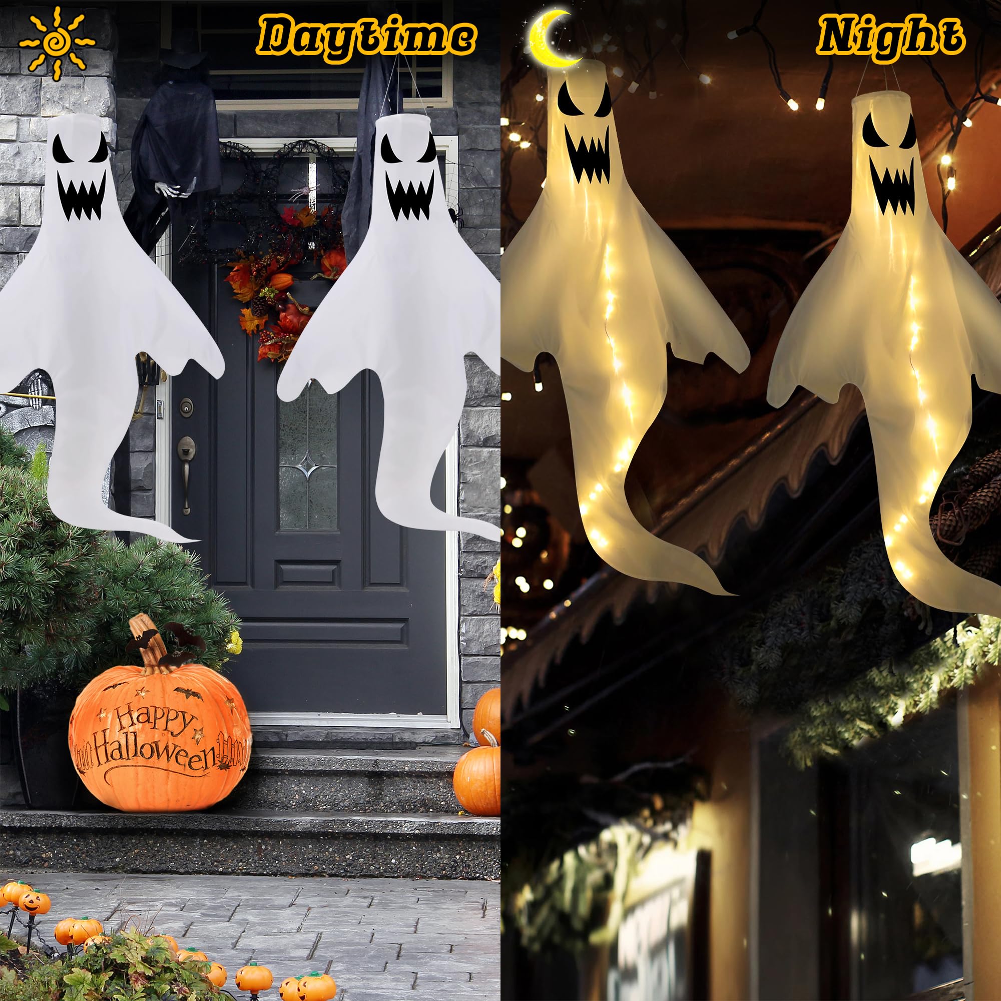 2 Sets Halloween Windsock Flag with LED Lights Outdoor Happy Halloween Hanging Decor for Yard Patio Garden Pathway Party Decoration (Ghost)