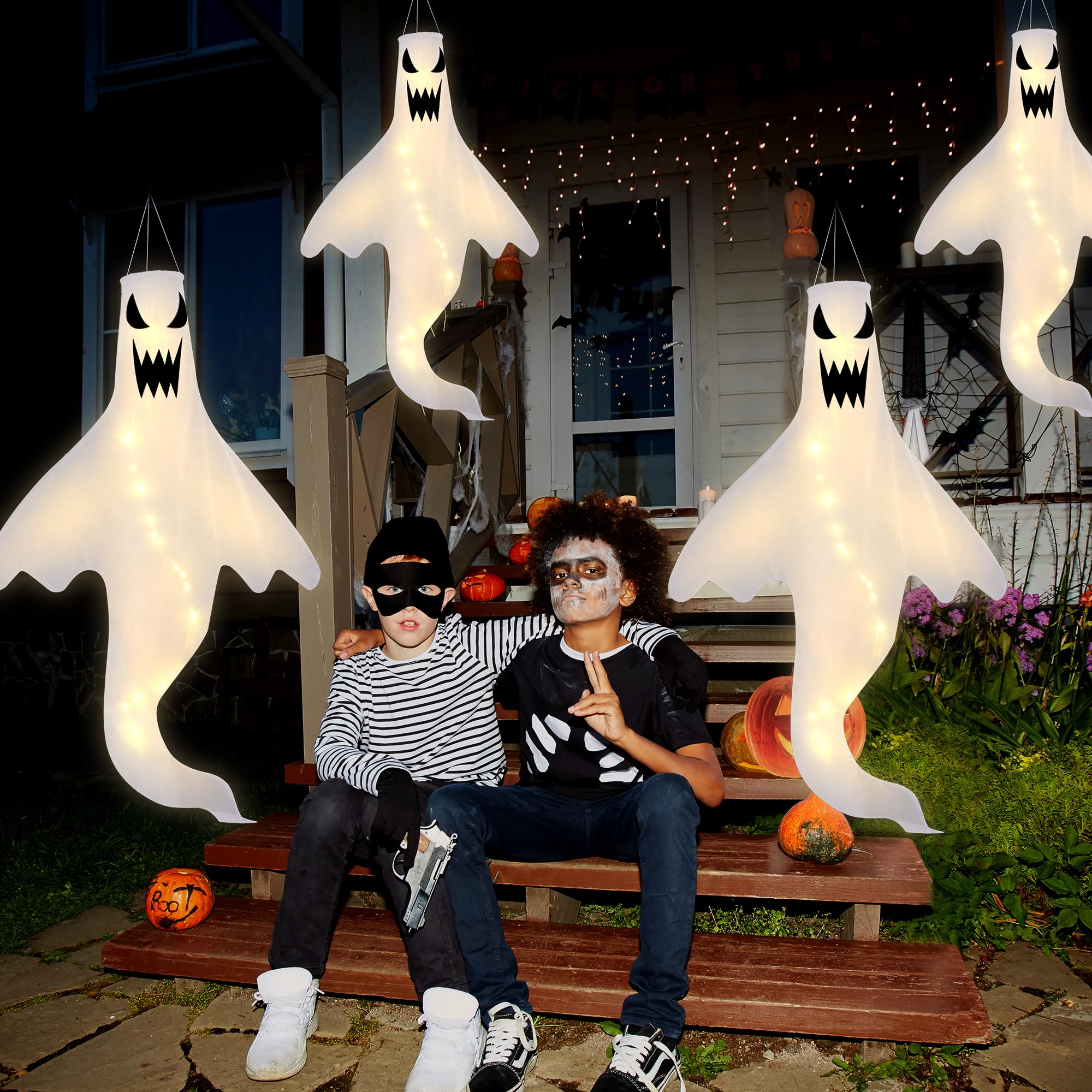 2 Sets Halloween Windsock Flag with LED Lights Outdoor Happy Halloween Hanging Decor for Yard Patio Garden Pathway Party Decoration (Ghost)