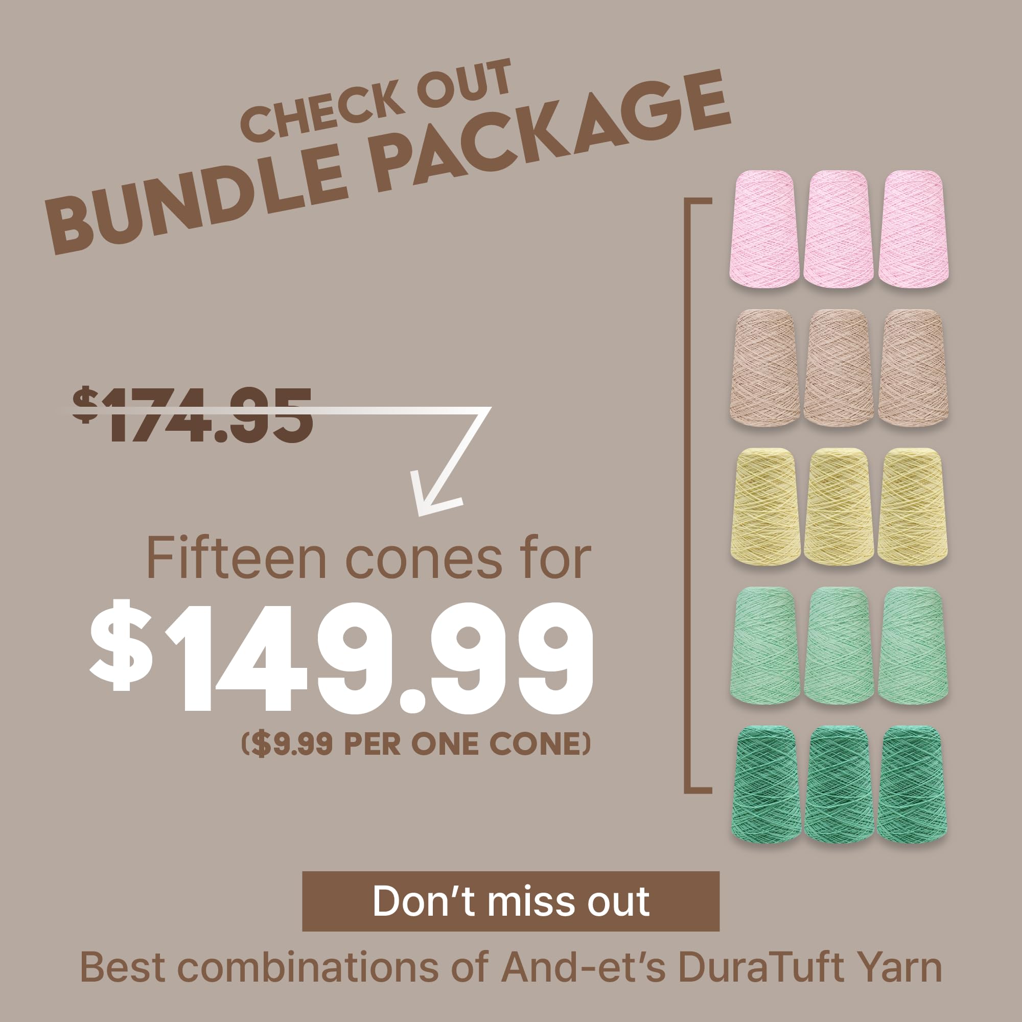And-et DuraTuft Yarn 45 Vibrant Colors Tufting Nylon Yarn Pack - Ideal for Crochet, Craft Projects -100% B.C.F. - 3 Cones x 1.66lbs -180yards -Perfect for Rug Weaving and Knitting (03 Pink Beige)