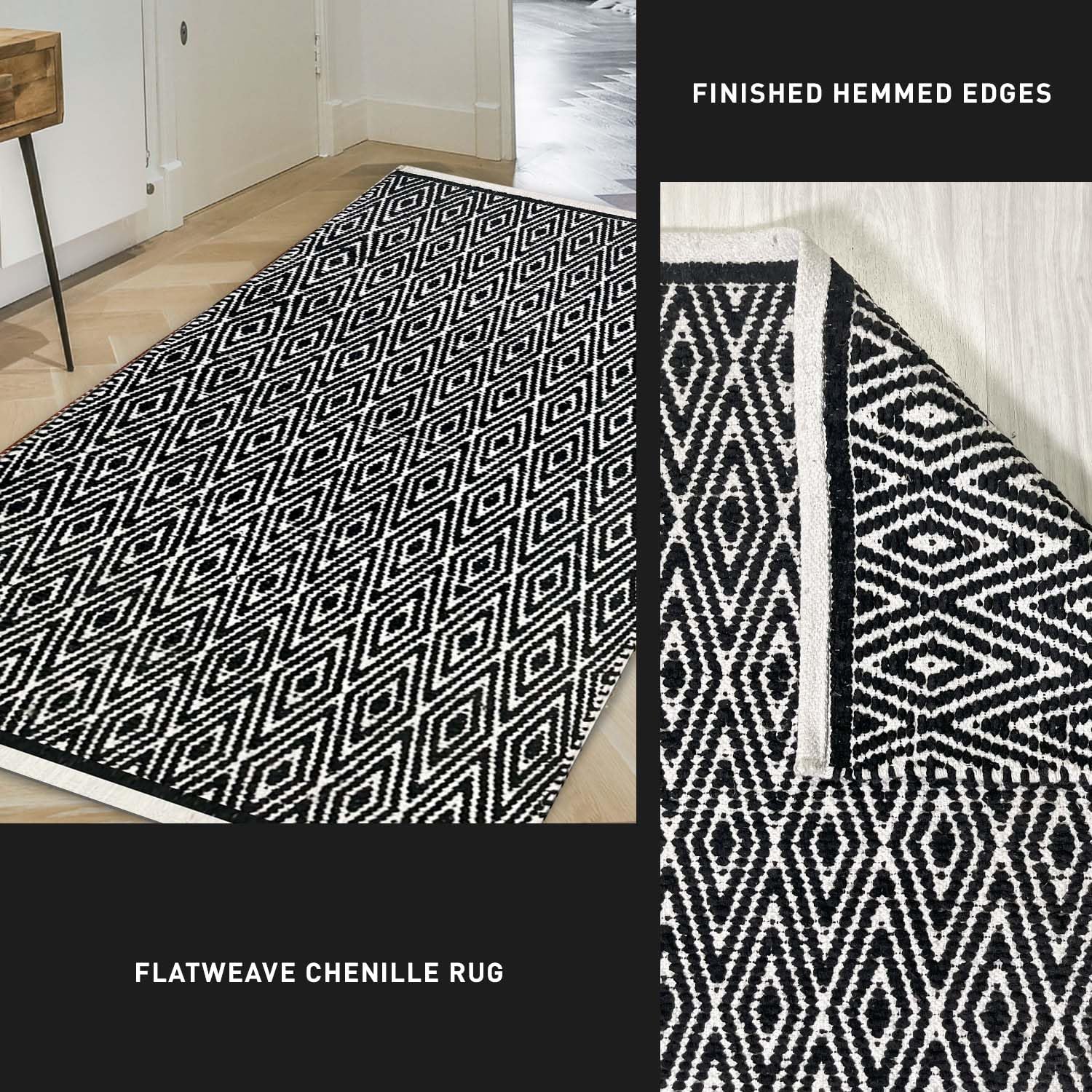 Chardin home 100% Cotton Diamond 3x5 Area Rug Fully Reversible, Machine Washable, Black and White
