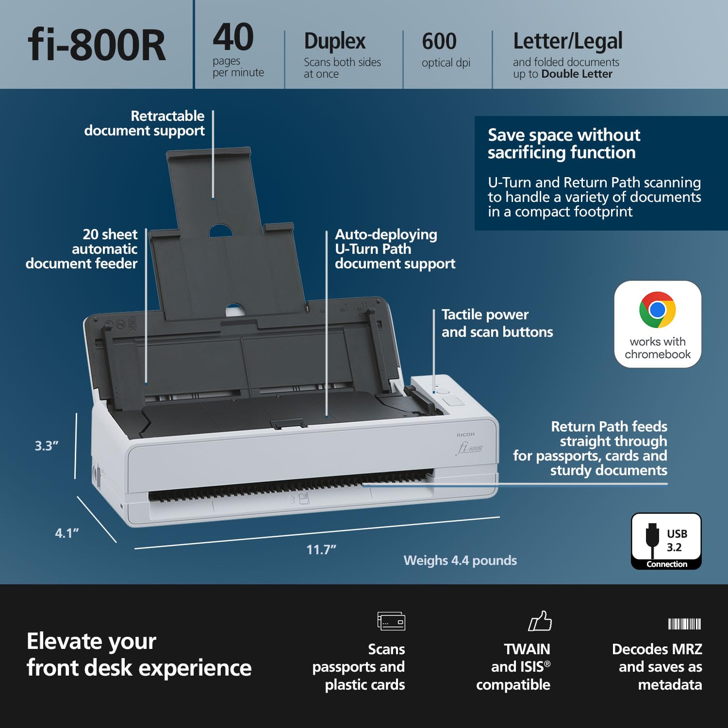 Fujitsu fi-800R Ultra-Compact, Color Duplex Document Scanner with Dual Auto Document Feeders (ADF)
