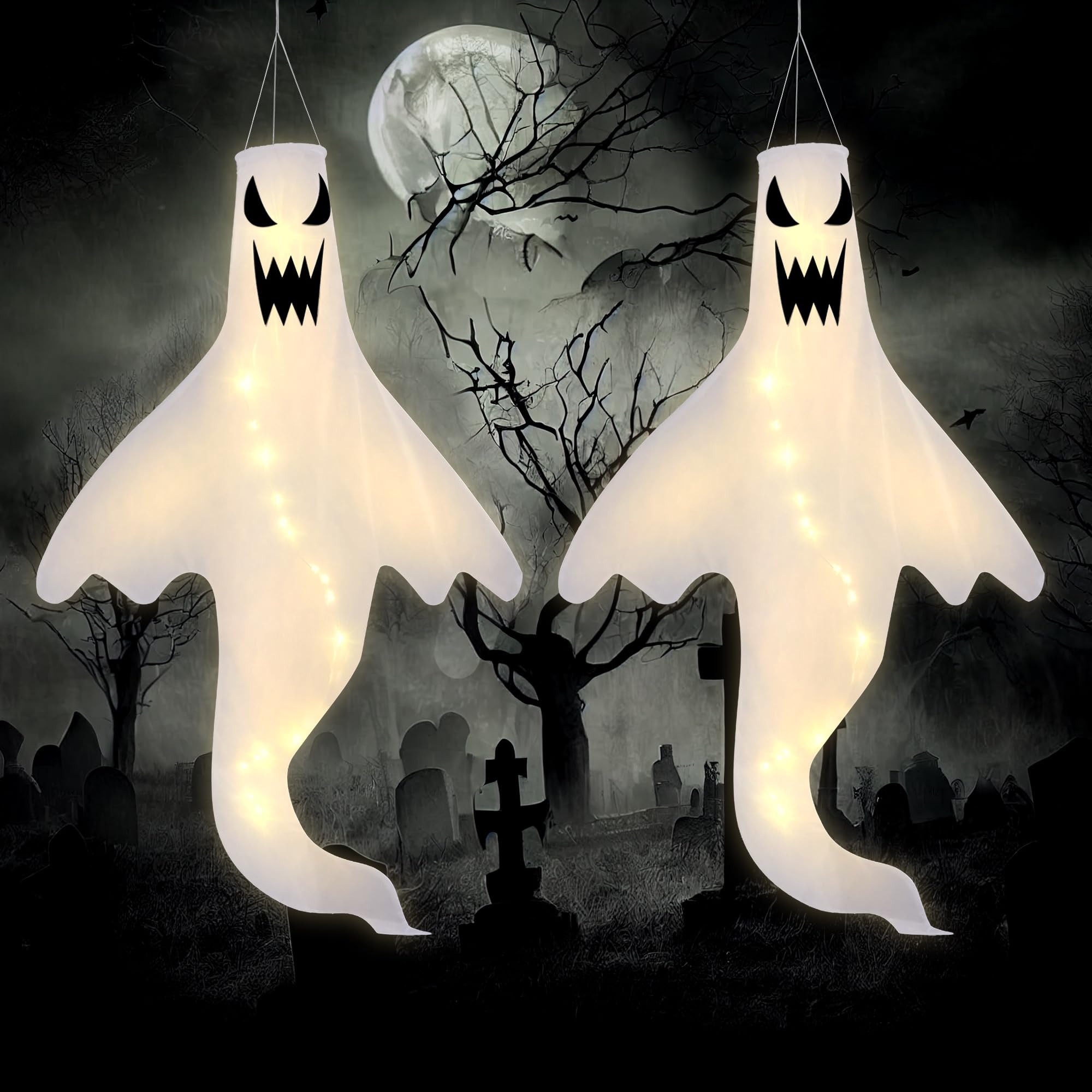 2 Sets Halloween Windsock Flag with LED Lights Outdoor Happy Halloween Hanging Decor for Yard Patio Garden Pathway Party Decoration (Ghost)