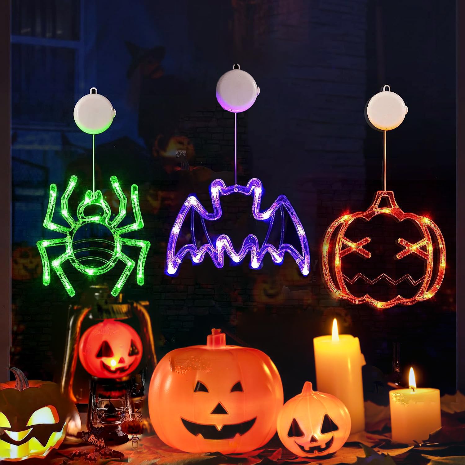 3 Pack Halloween Decorations,Halloween Window Lights Orange Pumpkin,Green Spider,Purple Bat with Suction Cup Battery Operated Halloween Lights for Halloween Window Door Yard Party Decor Indoor Outdoor