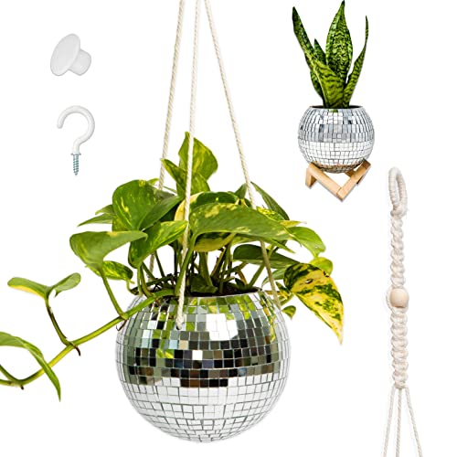 Lunar Sol - Disco Ball Planter - Disco Ball Plant Hanger with Macrame Cotton Rope, with Wooden Stand for Desk Planter Decorations-with - Plant Accessories Indoor or Outdoor Planters for Patio
