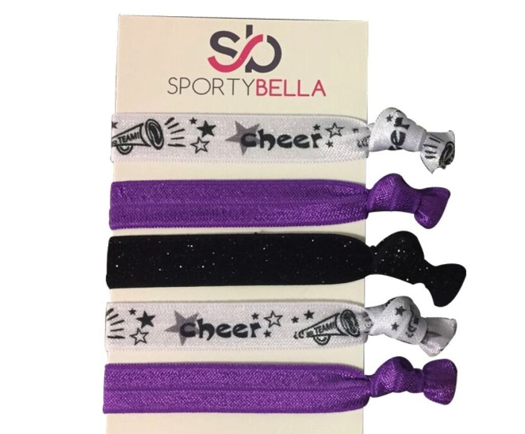 Sportybella Cheer Hair Ties (Purple)- Hair Accessories For Girls, Women, Teens & Kids. No Crease, No Tug Elastic Hair Ties Set. Ponytail Holders for Cheerleaders, Cheer Teams & Coaches, 5pcs.