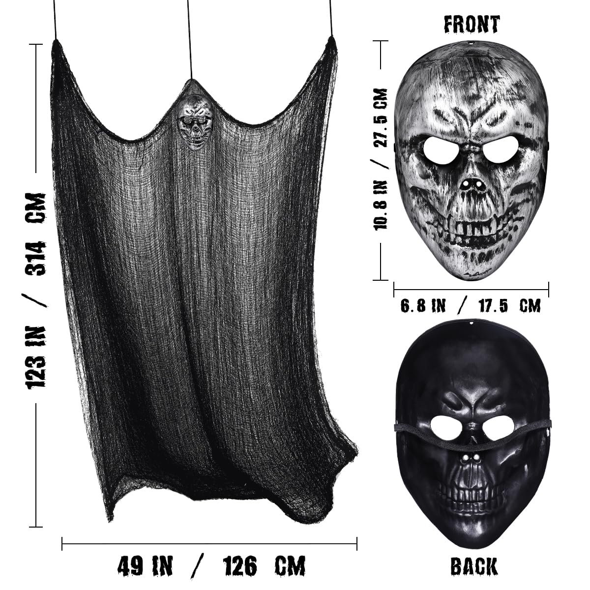 25FT Scary Halloween Outdoor Decorations, Hanging Ghost Halloween Decor with Black Creepy Cloth and Skull Mask for Halloween Haunted House Decor Party Supplies