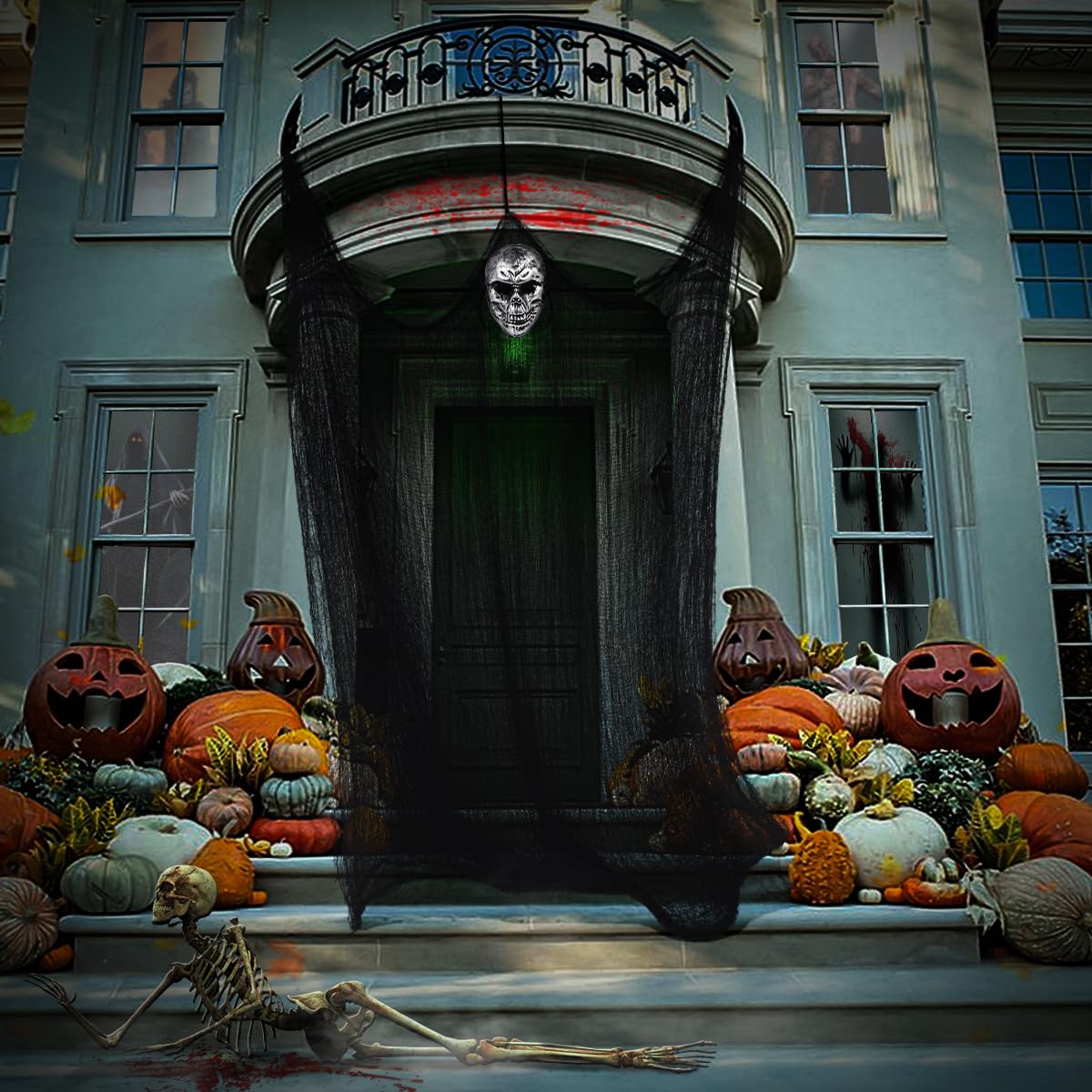 25FT Scary Halloween Outdoor Decorations, Hanging Ghost Halloween Decor with Black Creepy Cloth and Skull Mask for Halloween Haunted House Decor Party Supplies