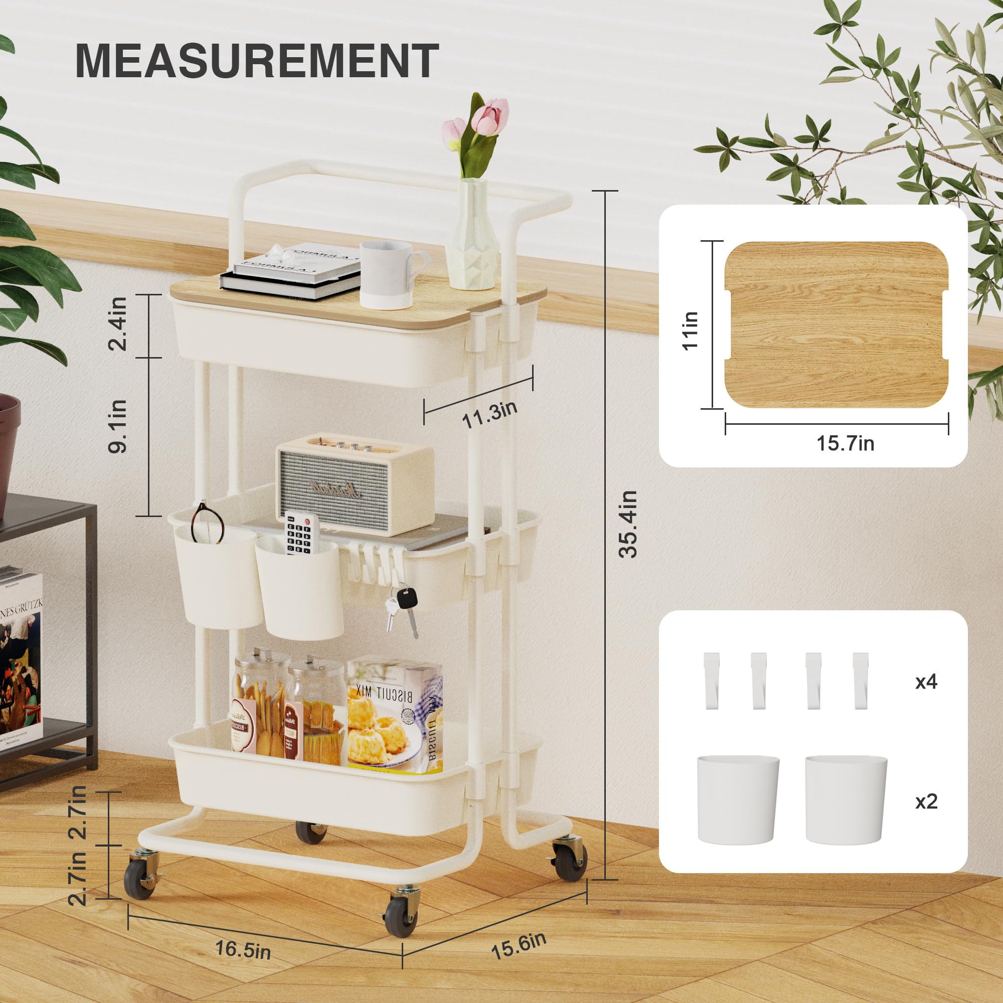 DTK 3 Tier Utility Rolling Cart with Cover Board, Rolling Storage Cart with Handle and Locking Wheels Kitchen Cart with 2 Small Baskets and 4 Hooks for Bathroom Office Balcony Living Room(White)
