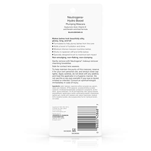 Neutrogena Hydro Boost Plumping Mascara Enriched with Hydrating Hyaluronic Acid, Vitamin E, and Keratin for Dry or Brittle Lashes, Black/Brown 03.21 oz