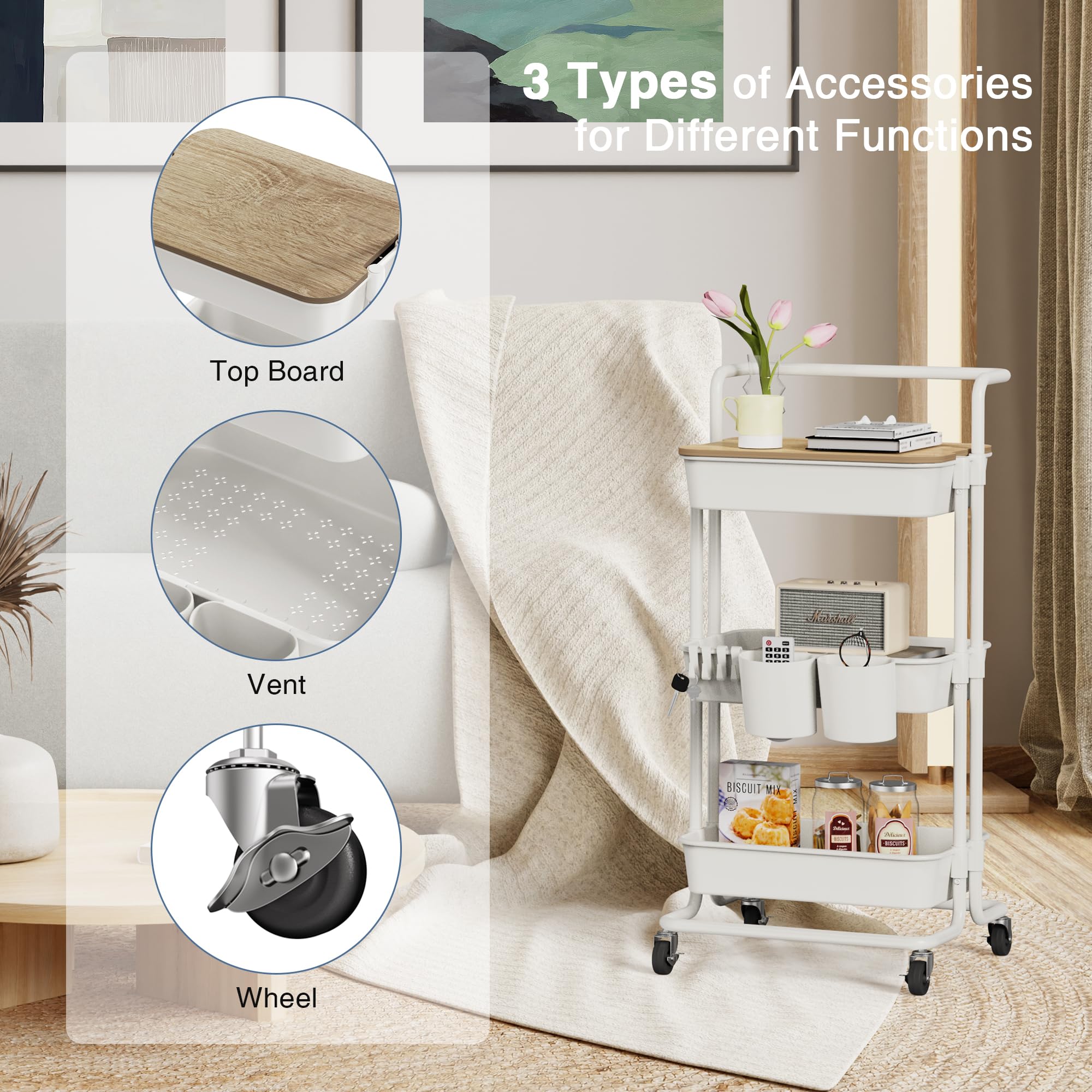 DTK 3 Tier Utility Rolling Cart with Cover Board, Rolling Storage Cart with Handle and Locking Wheels Kitchen Cart with 2 Small Baskets and 4 Hooks for Bathroom Office Balcony Living Room(White)
