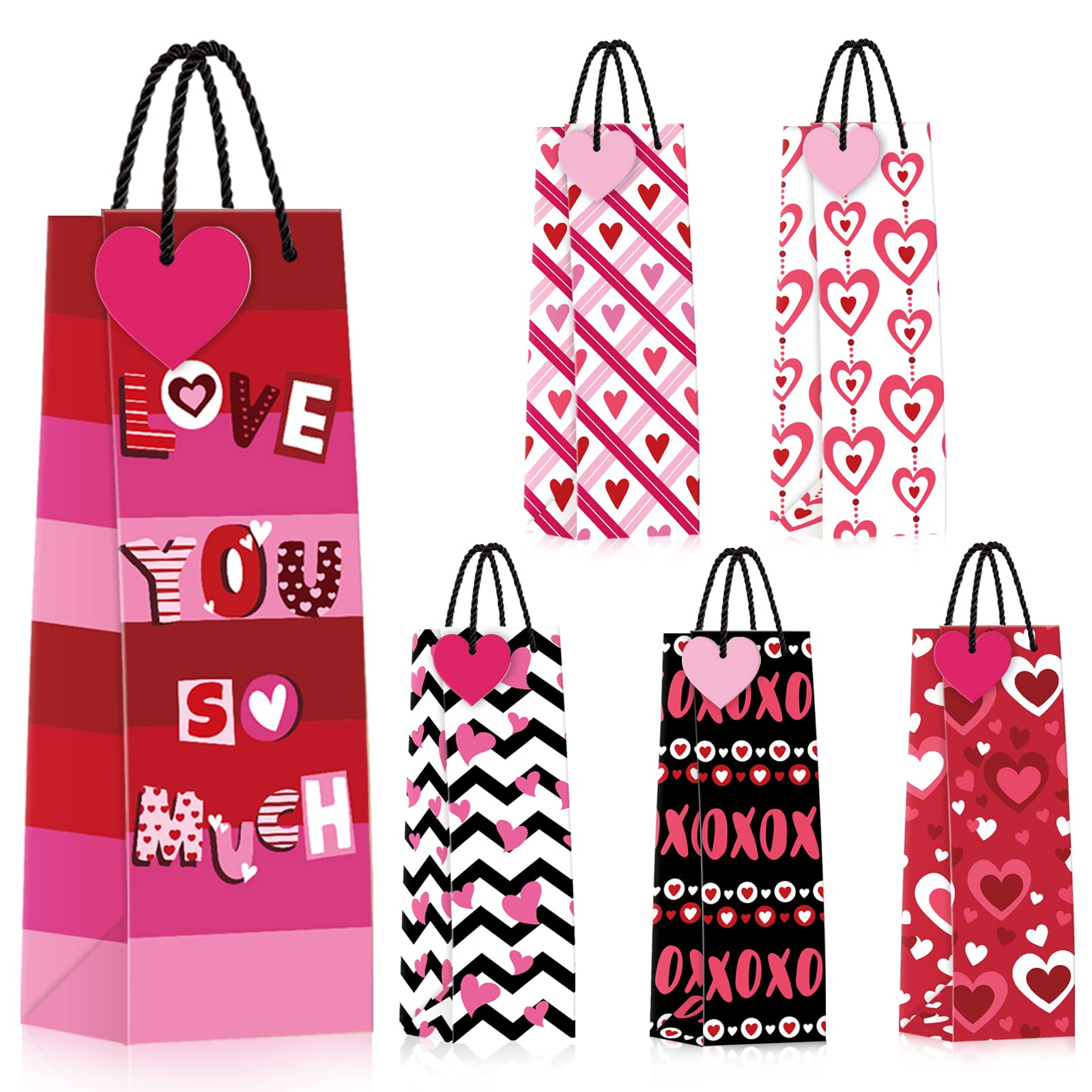 AnyDesign 12Pcs Valentine's Day Wine Bottle Gift Bags 6 Design Pink Heart Love Paper Bottle Bags with Handle Tags for Wedding Anniversary Mother's Day Thank You Gift Housewarming Dinner Party