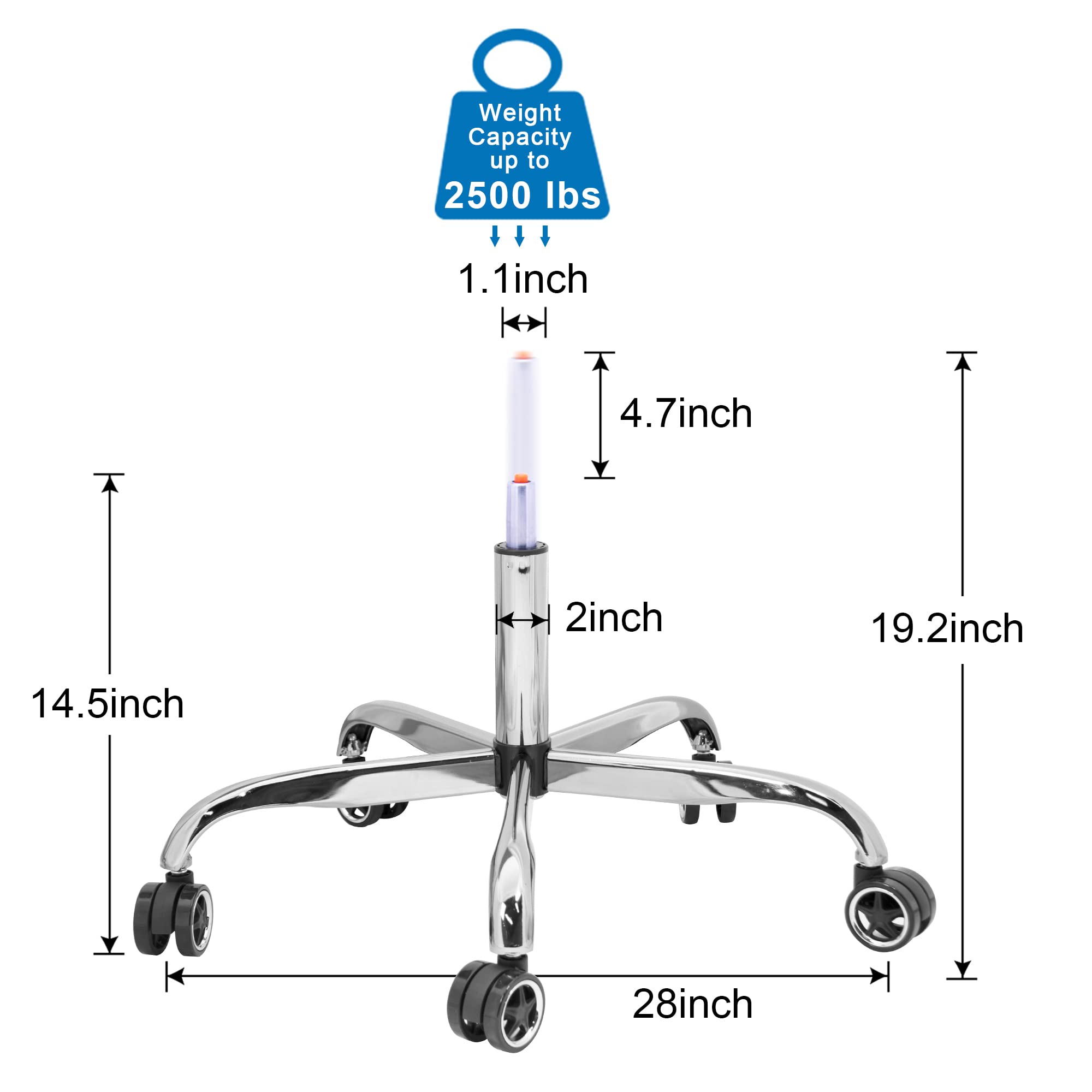 Frassie 28 Inch Office Chair Metal Base Replacement Heavy Duty Computer Chair Base Part with 5 Casters 1 Gas Lift Cylinder (Silver)