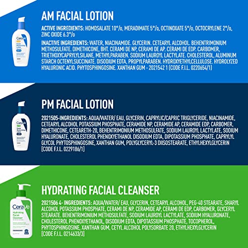 CeraVe AM Face Moisturizer with SPF, PM Face Moisturizer & Hydrating Face Wash Skin Care Set| Travel Size Toiletries | Skin Care Routine for Morning & Night | 3oz Lotion + 3oz Lotion + 3oz Cleanser