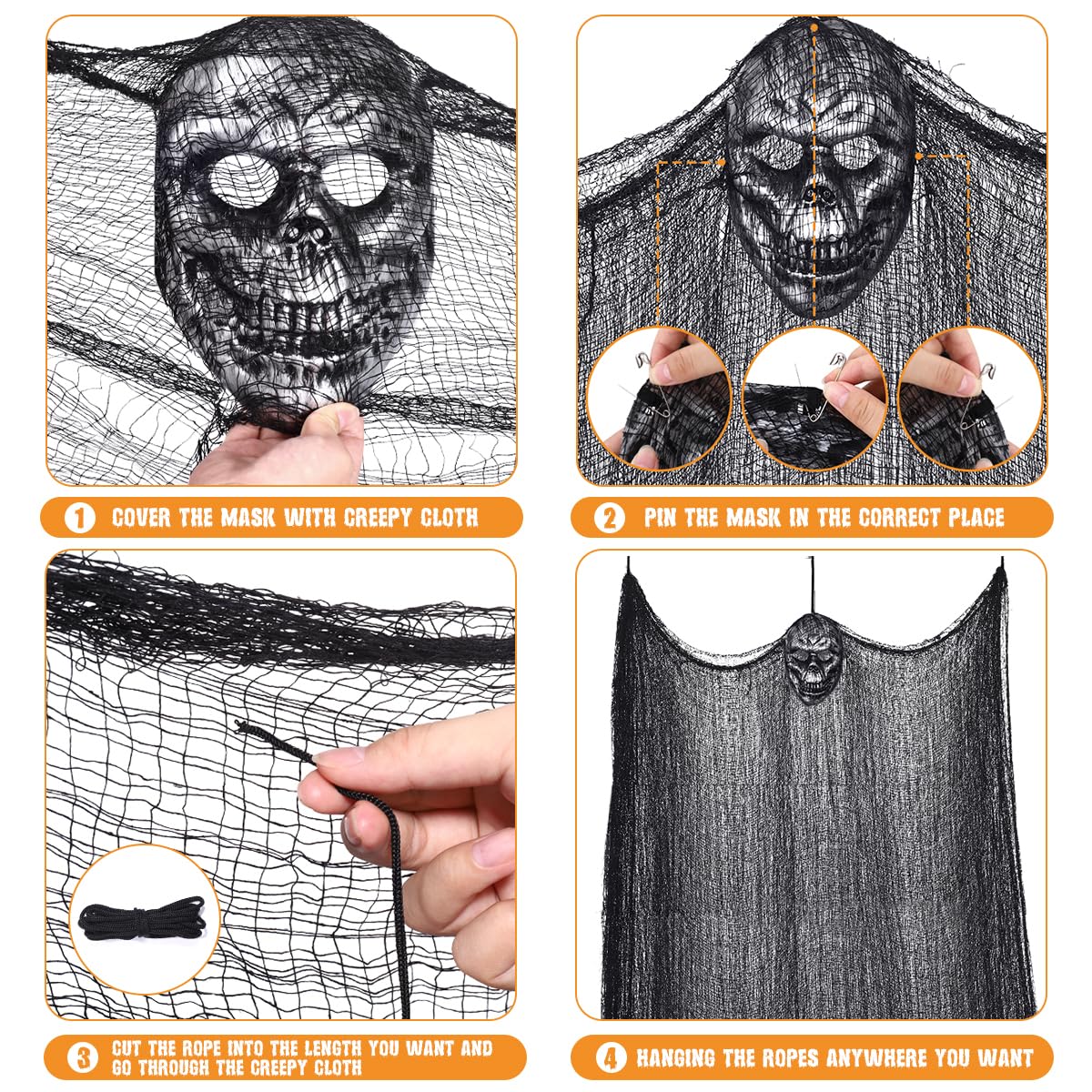 25FT Scary Halloween Outdoor Decorations, Hanging Ghost Halloween Decor with Black Creepy Cloth and Skull Mask for Halloween Haunted House Decor Party Supplies