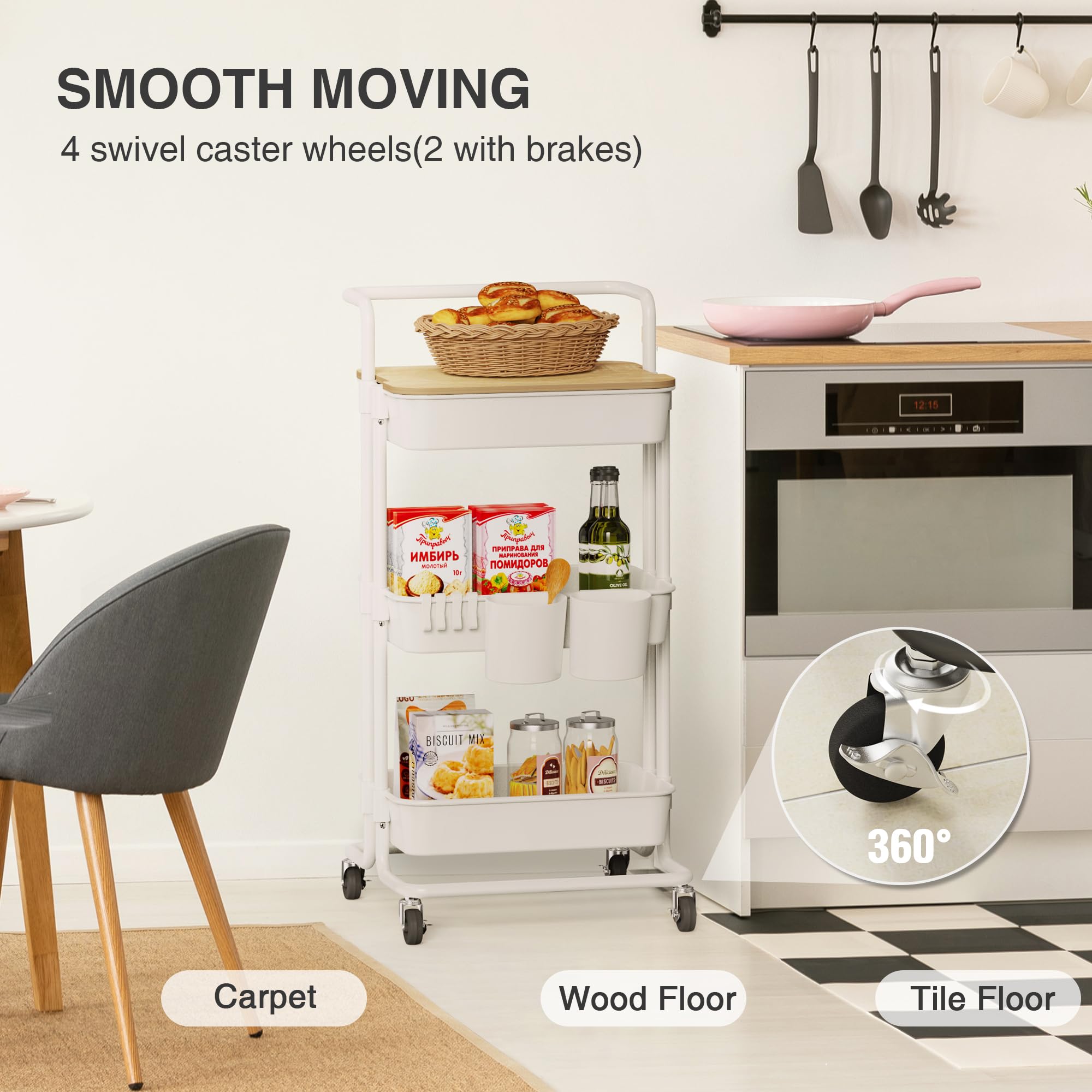 DTK 3 Tier Utility Rolling Cart with Cover Board, Rolling Storage Cart with Handle and Locking Wheels Kitchen Cart with 2 Small Baskets and 4 Hooks for Bathroom Office Balcony Living Room(White)