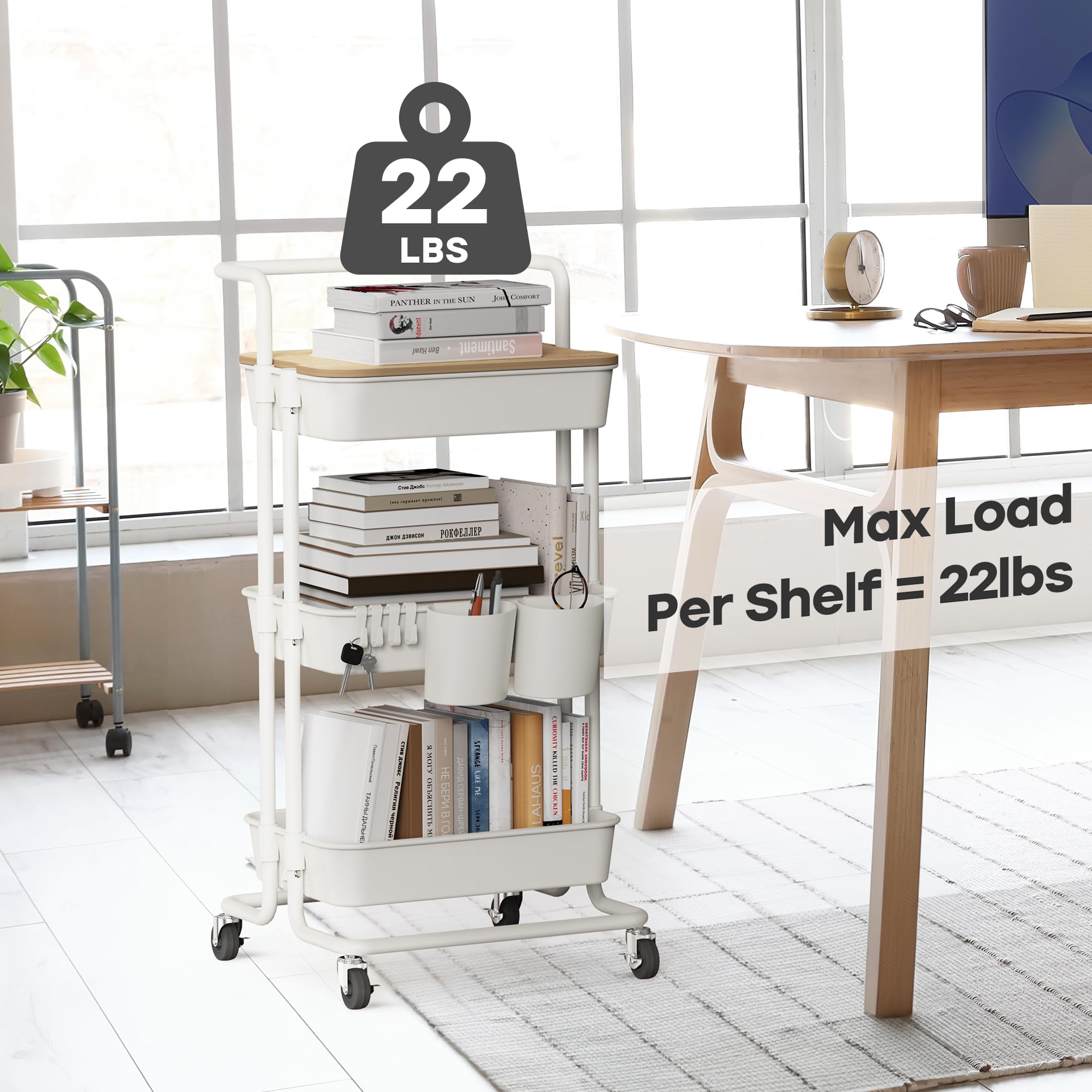 DTK 3 Tier Utility Rolling Cart with Cover Board, Rolling Storage Cart with Handle and Locking Wheels Kitchen Cart with 2 Small Baskets and 4 Hooks for Bathroom Office Balcony Living Room(White)