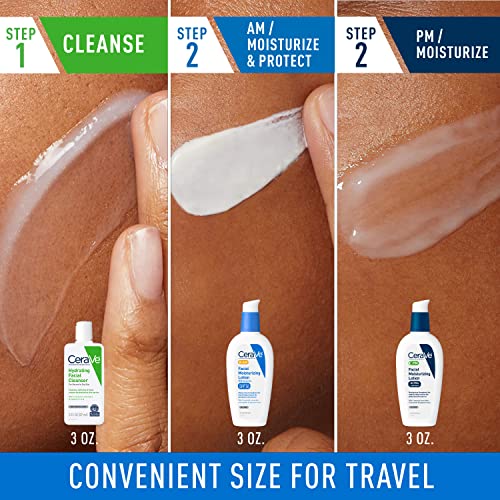 CeraVe AM Face Moisturizer with SPF, PM Face Moisturizer & Hydrating Face Wash Skin Care Set| Travel Size Toiletries | Skin Care Routine for Morning & Night | 3oz Lotion + 3oz Lotion + 3oz Cleanser