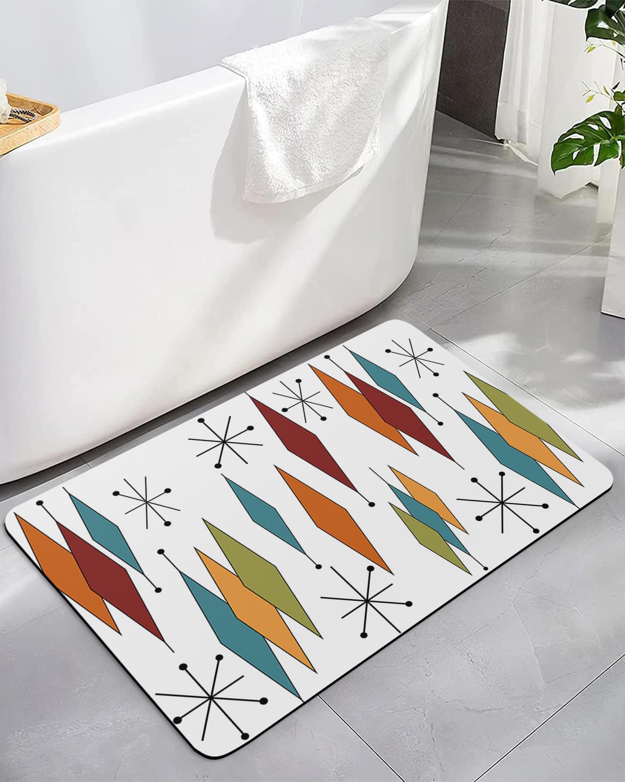 European Bath Mat for Bathroom Rugs Non Slip, Bath Mat Quick Dry Absorbent Bath Rug, Thin Rubber Backed Easy to Clean, Retro Middle Century Geometric Red Orange Diamond 20"x32"