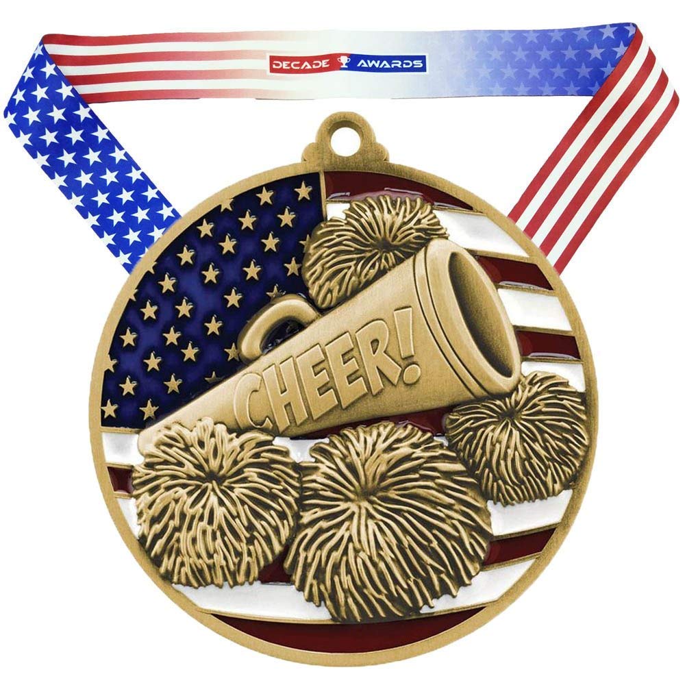 Decade Awards Cheer Medal, Patriotic - Gold - 2.75 Inch Wide | Spirit First Place Medal with Stars and Stripes Neck Ribbon