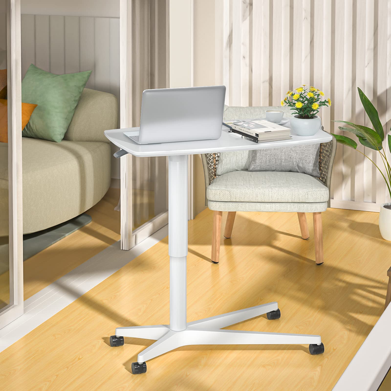 FURNINXS Mobile Standing Desk Height Adjustable Pneumatic Rolling Sit Stand Desk Small Laptop Desk Cart Riser Mobile Podium for Home Office & School