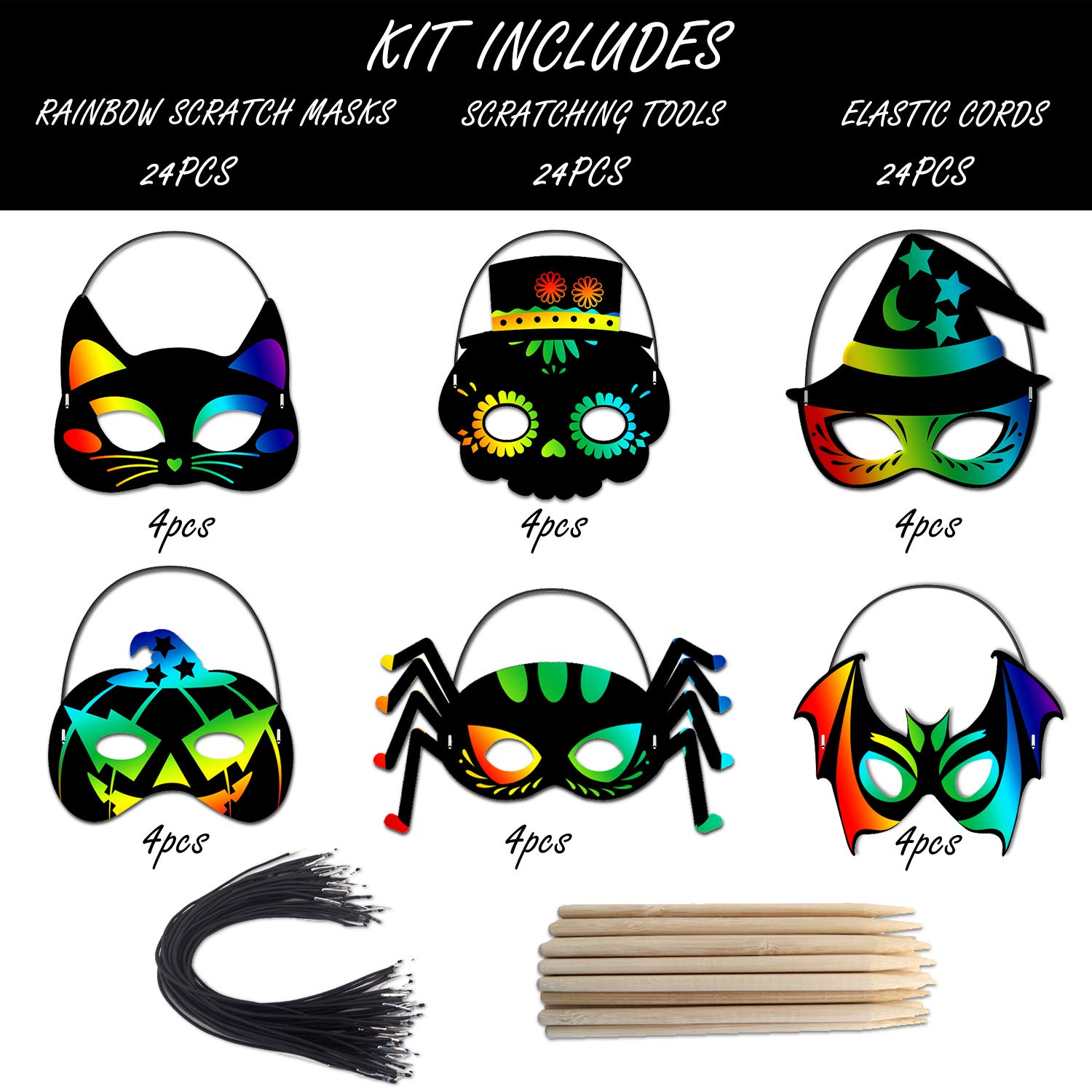 Halloween Party Favors - Halloween Crafts - 24PCS Magic Rainbow Scratch Art Masks Kits Bulk - Skeleton Cat Witch Pumpkin Bat Spider Decorations for Kids Ages 3-5 4-8 Classroom Birthday Party
