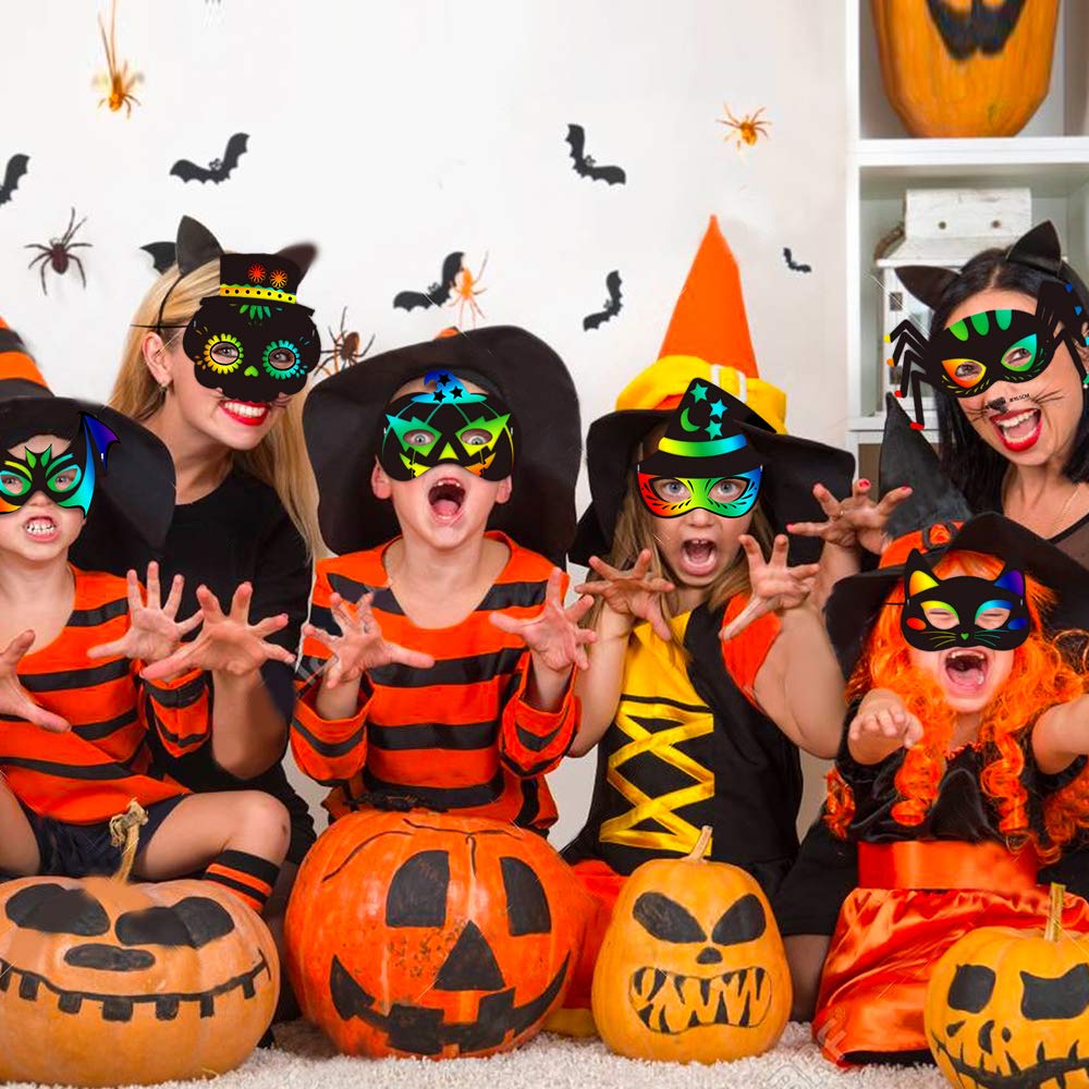 Halloween Party Favors - Halloween Crafts - 24PCS Magic Rainbow Scratch Art Masks Kits Bulk - Skeleton Cat Witch Pumpkin Bat Spider Decorations for Kids Ages 3-5 4-8 Classroom Birthday Party