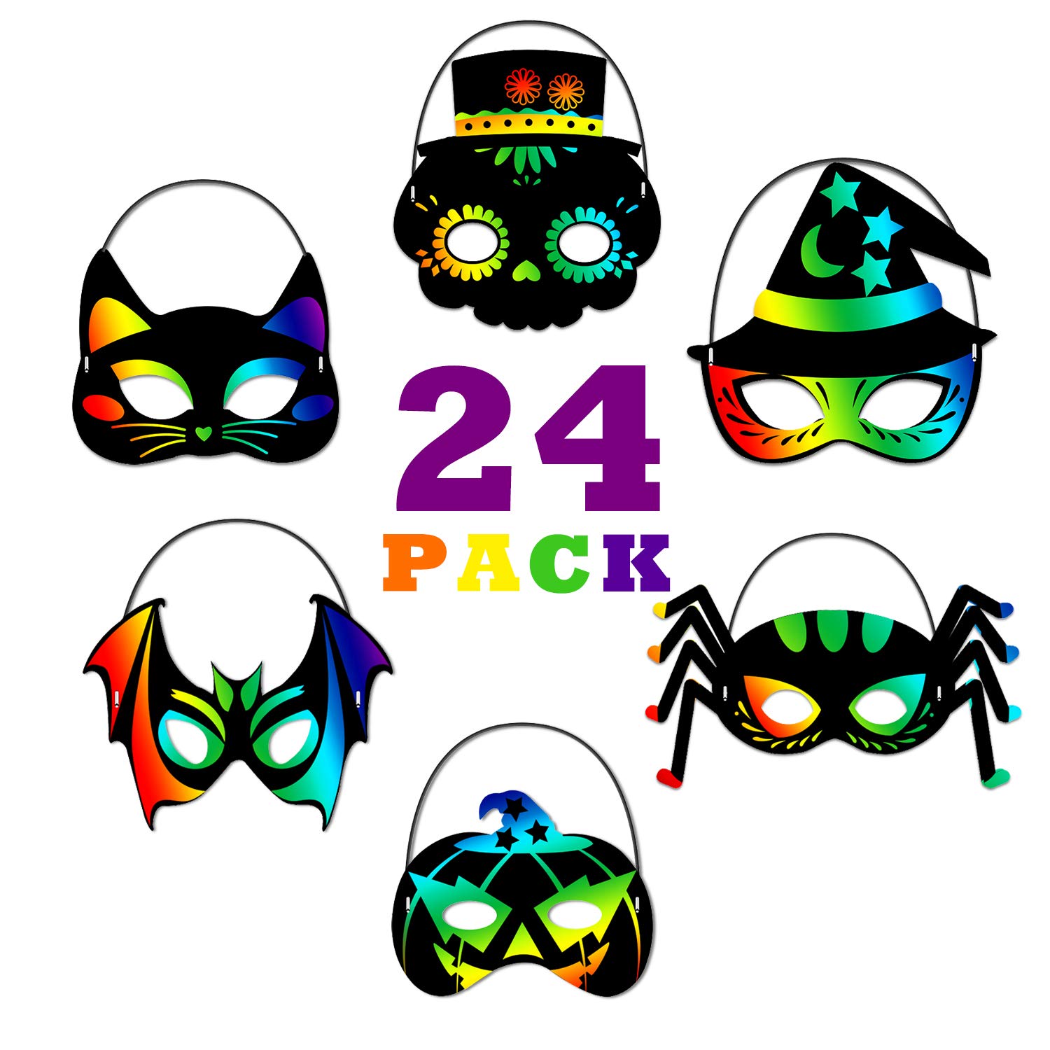 Halloween Party Favors - Halloween Crafts - 24PCS Magic Rainbow Scratch Art Masks Kits Bulk - Skeleton Cat Witch Pumpkin Bat Spider Decorations for Kids Ages 3-5 4-8 Classroom Birthday Party