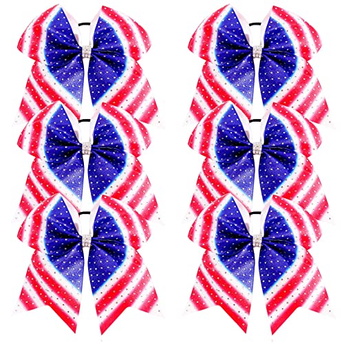 OAOLEER 6 Count USA Cheer Hair Bows, 8In Grosgrain Ribbon Boutique Large Cheerleader Bows with Elastic Tie Band for Competition, Independence Day, Girls, Teens, Kids, Blue / Red / White