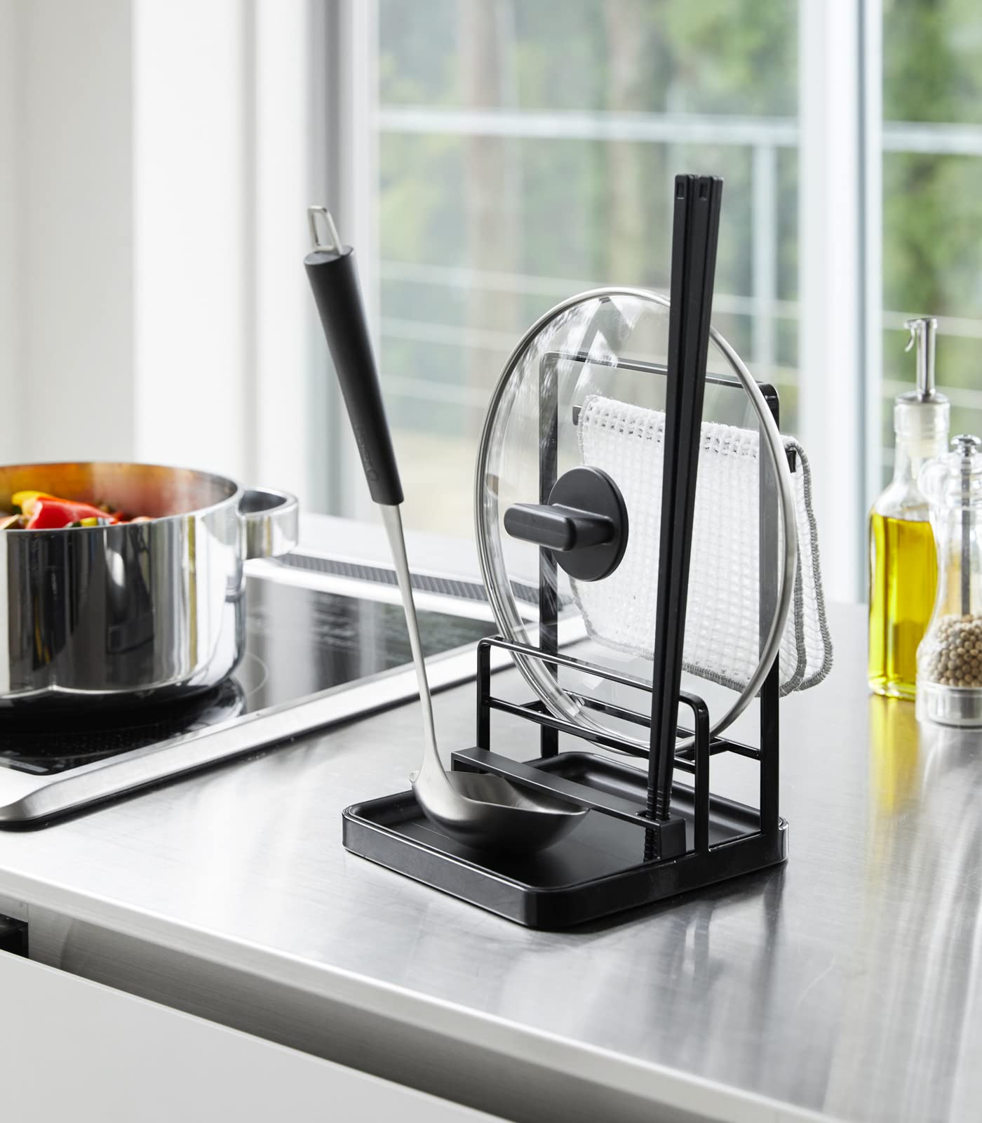 Yamazaki Lid & Ladle Home Cooking Tool and Lid Station-Kitchen Utensil Organizer Stand | Steel | Stovetop, One Size, Black