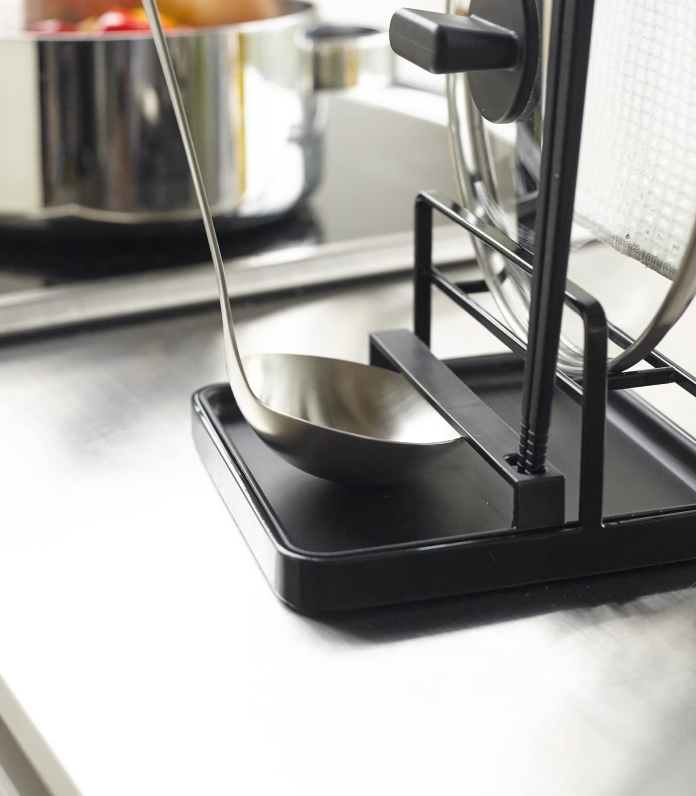 Yamazaki Lid & Ladle Home Cooking Tool and Lid Station-Kitchen Utensil Organizer Stand | Steel | Stovetop, One Size, Black