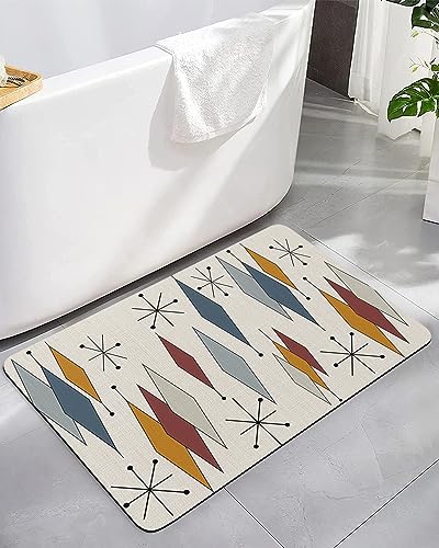Middle Century Bath Mat for Bathroom Rugs Non Slip,Bath Mat Quick Dry Absorbent Bath Rug,Thin Rubber Backed,Retro European Geometry Diamond Blue Maroon Turmeric 20"x32"