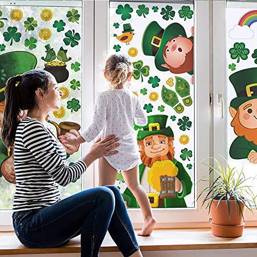 151PCS Happy St. Patrick's Day Window Clings Decorations,St. Patrick's Decal Window Sticker for Glass Decor,Gnome Leprechaun Footprints Holiday Party Door Decorations