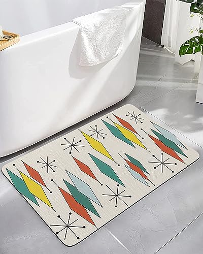 Middle Century Bath Mat for Bathroom Rugs Non Slip, Bath Mat Quick Dry Absorbent Bath Rug, Thin Rubber Backed Easy to Clean, Teal Orange Yellow Geometry Diamond 20"x32"