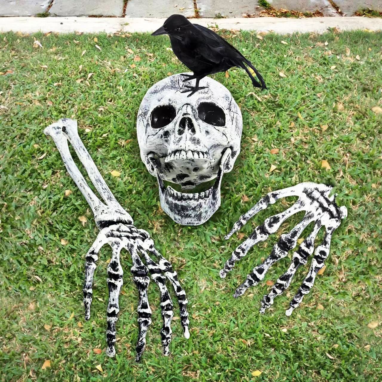 Skeleton Stakes with Crows - Scary Outdoor Halloween Yard Lawn Decorations, Groundbreakers for Skull Garden Graveyard Decor