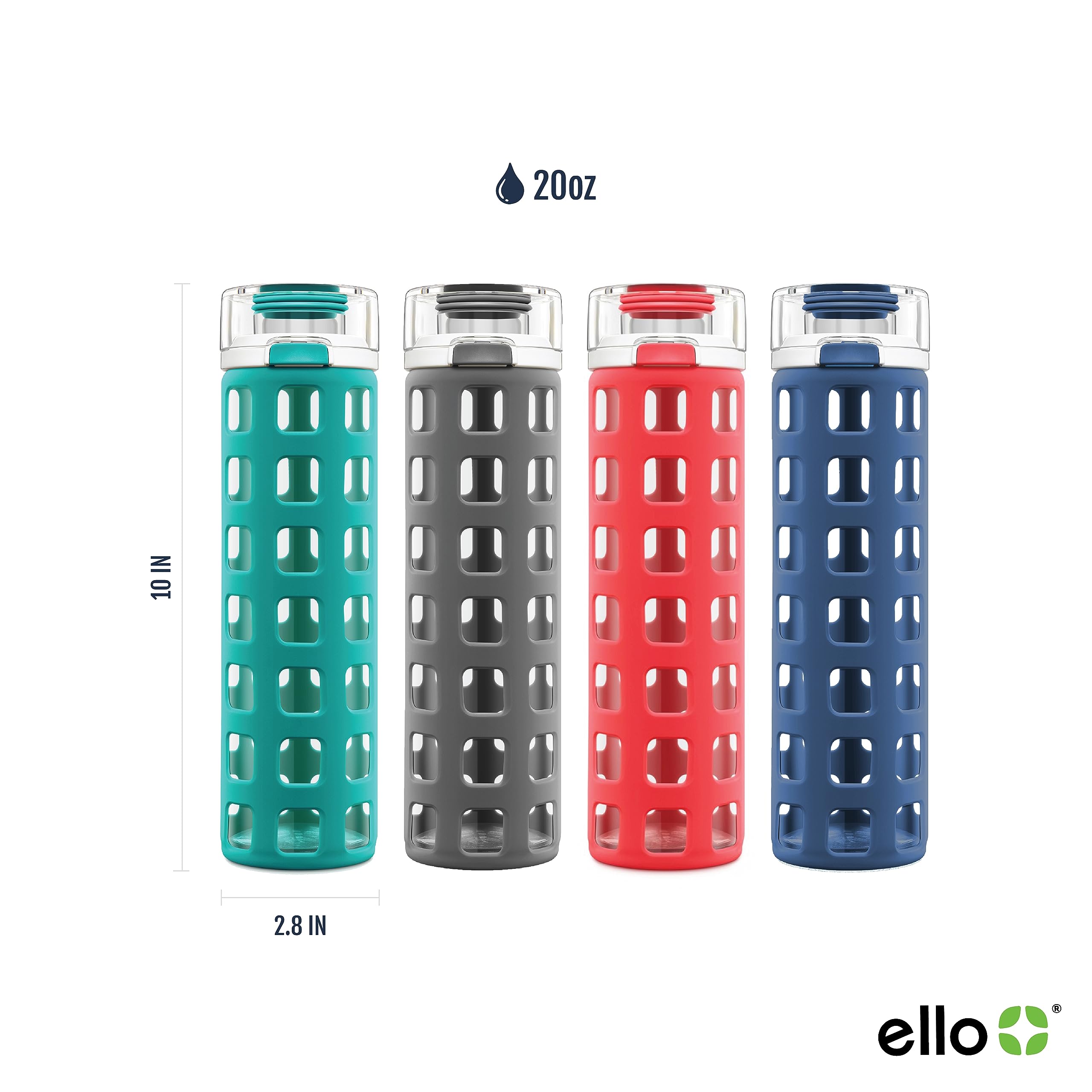 Ello Syndicate 20oz Reusable Glass Water Bottle with One-Touch Leak Proof Flip Lid and Protective Non-Slip Silicone Sleeve and Carry Loop for Coffee, Tea and Water, BPA-free, Dishwasher Safe, Mint