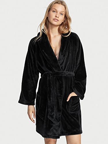 Victoria's Secret Short Cozy Robe, Black Embossed Logo, XS/S