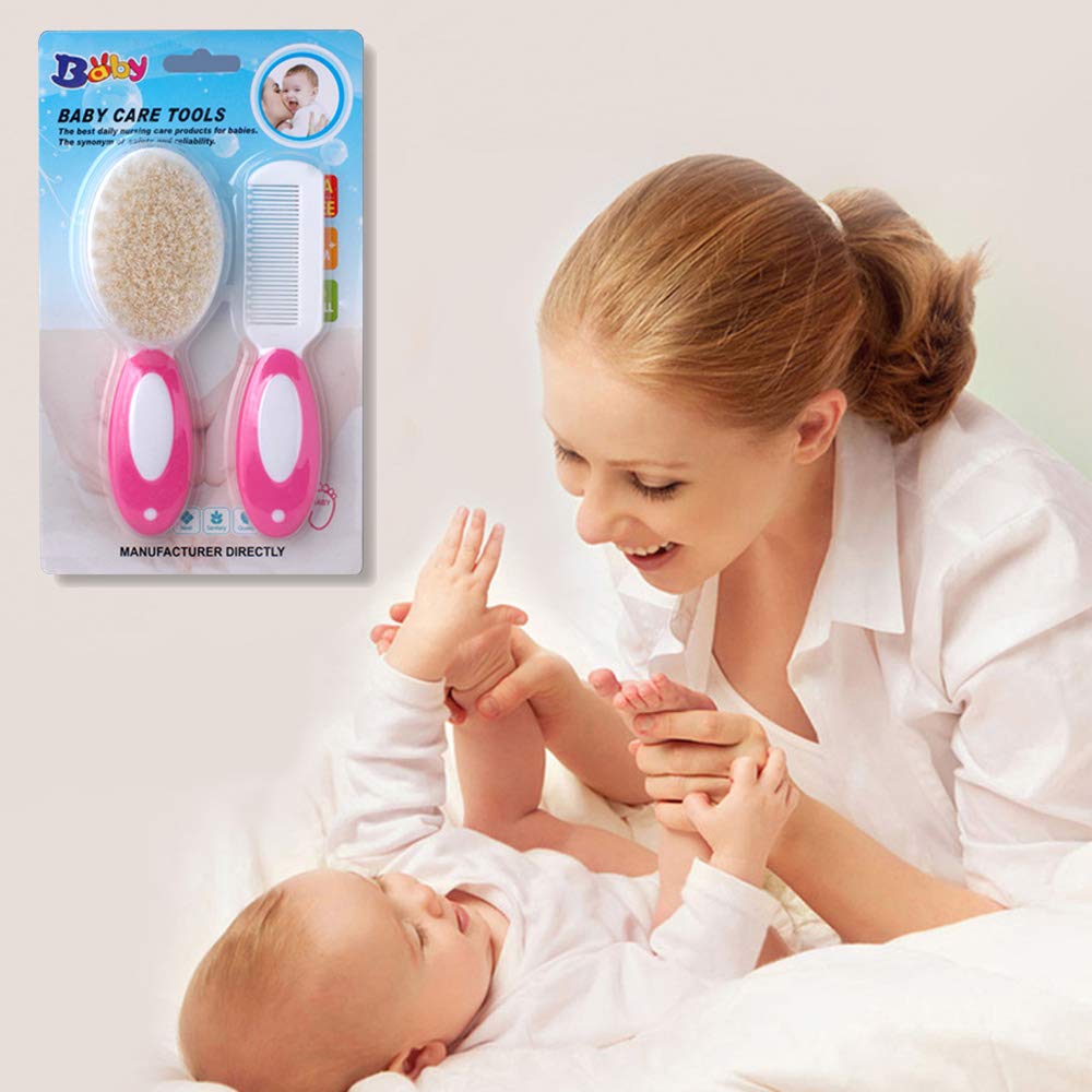 Baby Hair Brush and Comb Set for Newborns & Toddlers | Natural Soft Goat Bristles | Ideal for Cradle Cap | Perfect Baby Registry Gift (Red)