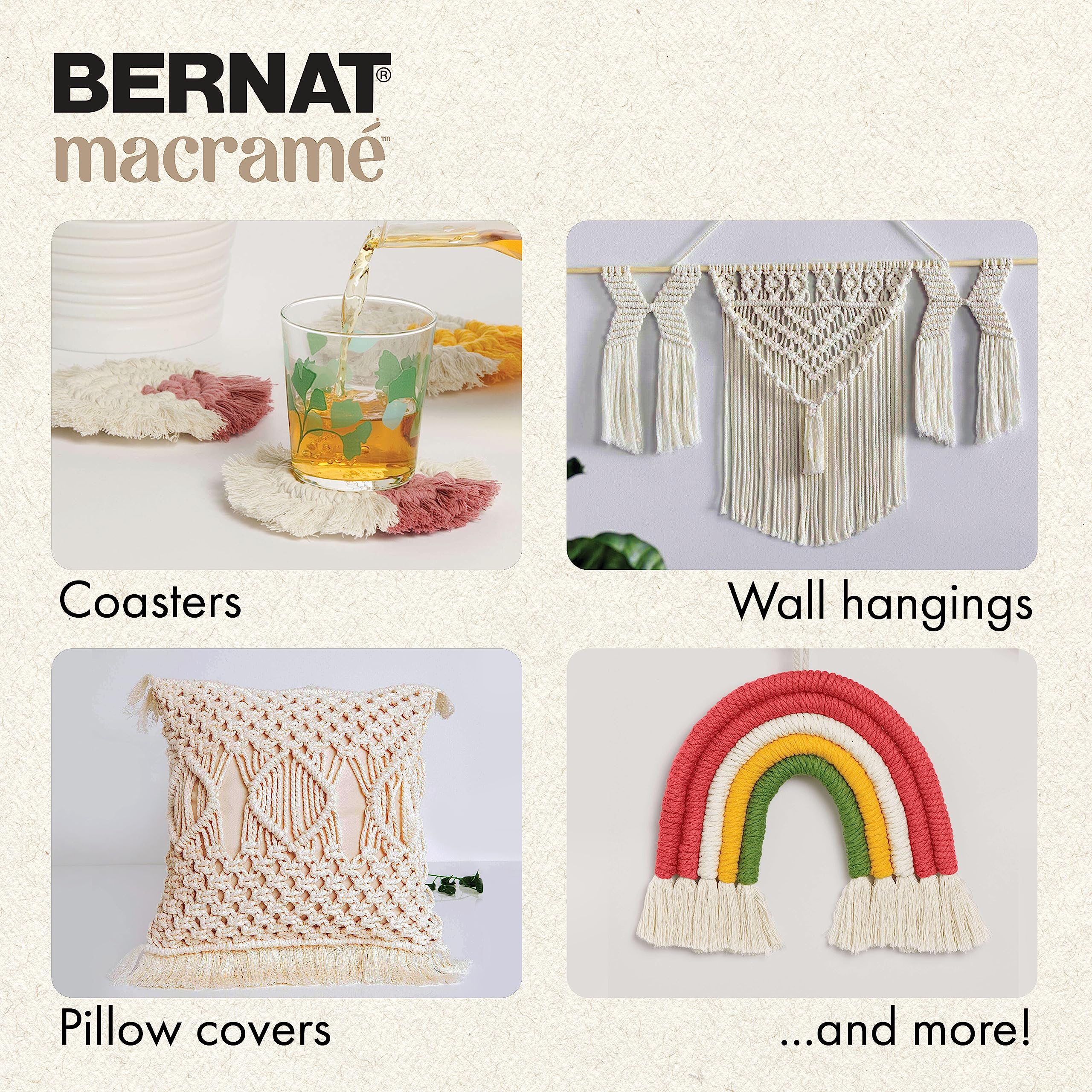 Bernat Macrame Taupe Yarn - 3 Pack of 250g/8.8oz - Cotton - #6 Super Bulky - Knitting, Crocheting & Crafts