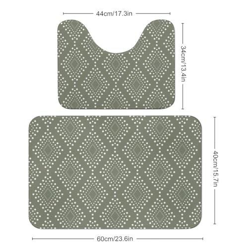 Bathroom Rug Set 2 Piece Decorative Diamonds Boho Sage Green Bath Rugs and U-Shaped Contour Toilet Rug, Non-Slip Bath Carpet Bath Mats for Bathroom 15.7"x23.6"