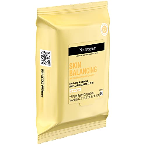 Neutrogena Skin Balancing Micellar Cleansing Cloths Makeup Remover Nourishing Wipes with 100% Plant-Based Fibers, Vitamin E & Pro-Vitamin B5, Paraben-Free, Hypoallergenic, 25 Count