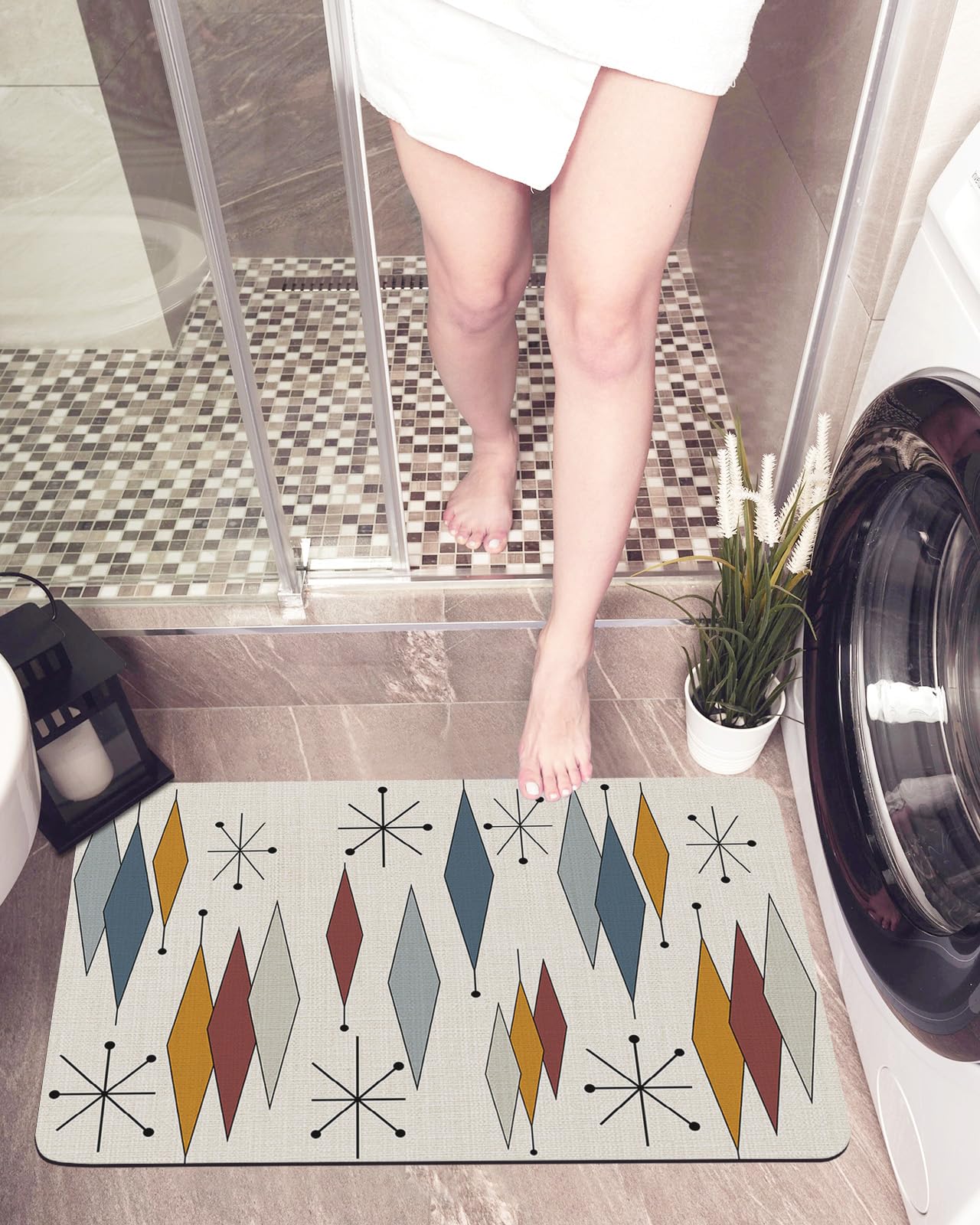Bath Mat Retro Mid-Century Geometry Orange Orange Red Blue Diamond Pattern Super Quick Dry Diatom Mud Bath Rugs Non-Slip Washable Floor Mats for Bathtub Shower Room Sink, 16x24In