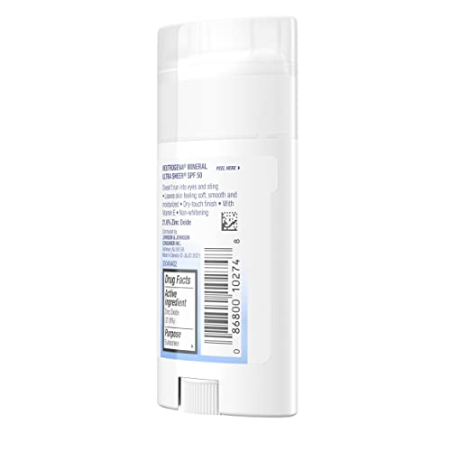 Neutrogena Ultra Sheer Dry Touch SPF 50 Mineral Sunscreen Stick for Sensitive Skin, Face & Body Sunscreen with Zinc Oxide & Vitamin E, No White Residue, Non-Comedogenic & Vegan, 1.5 oz