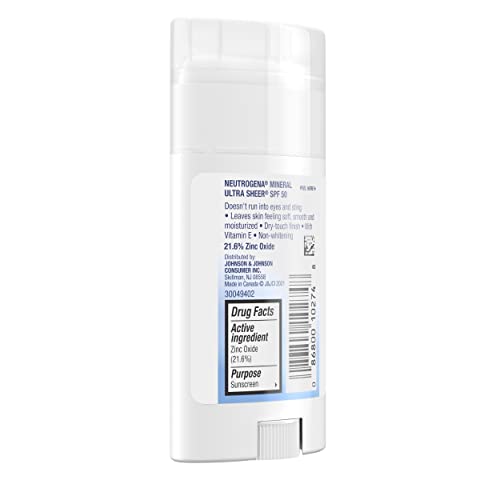 Neutrogena Ultra Sheer Dry Touch SPF 50 Mineral Sunscreen Stick for Sensitive Skin, Face & Body Sunscreen with Zinc Oxide & Vitamin E, No White Residue, Non-Comedogenic & Vegan, 1.5 oz
