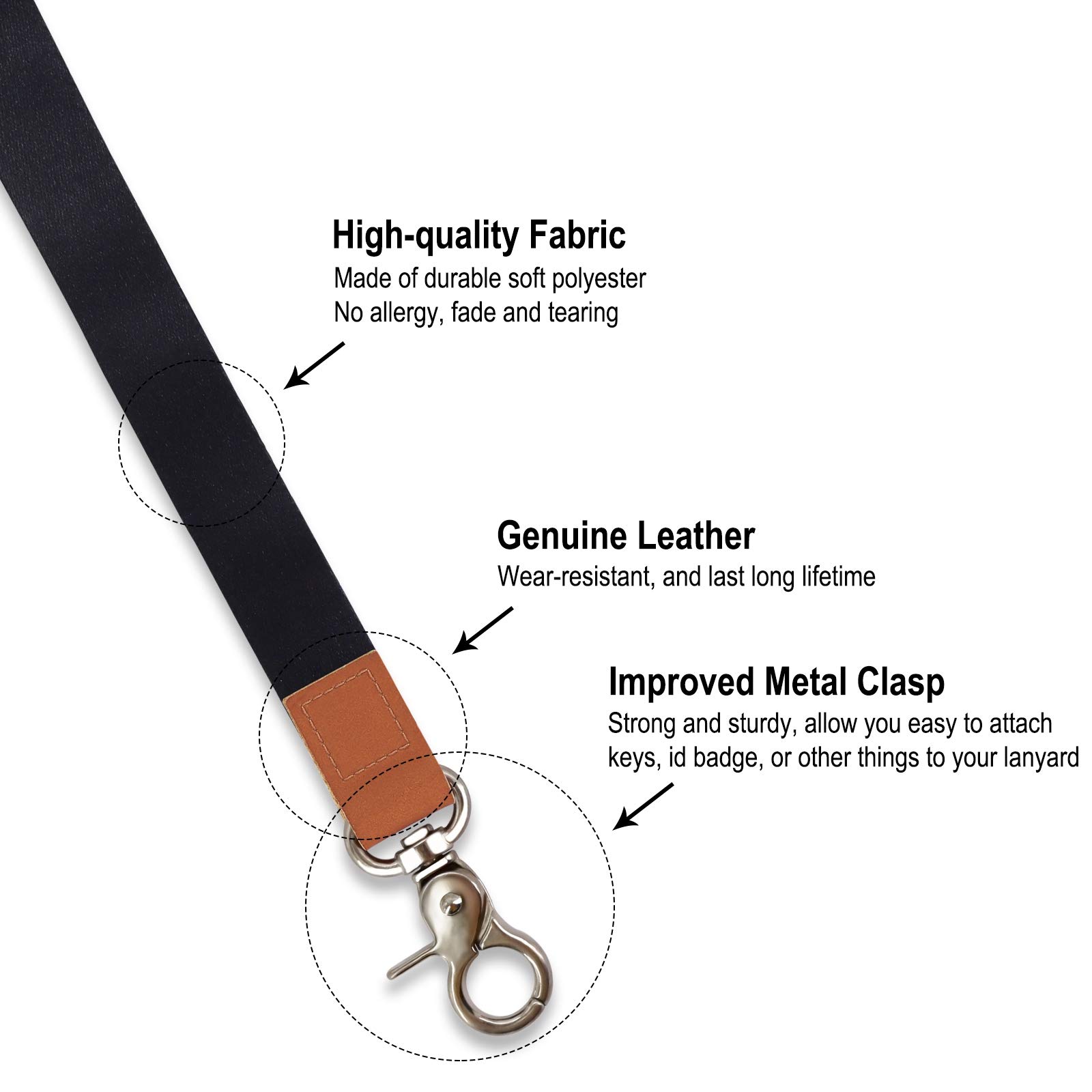 HONZUEN Long Neck Lanyard Leather Keychains with Metal Clasp, Sturdy Durable Women Men Id Badge Lanyard, Neck Lanyard Strap Ideal for Car Keys, Card Holder, Whistle, Keychain, Wallet