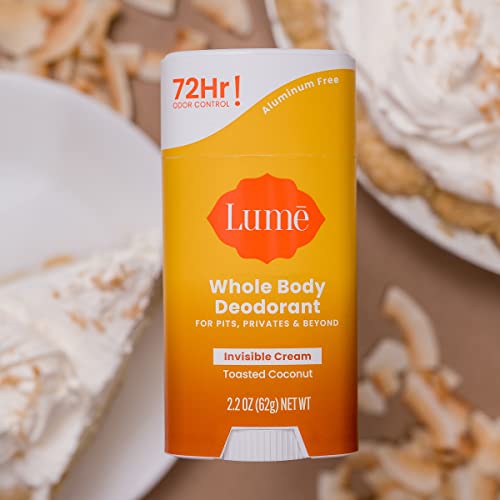 Lume Whole Body Deodorant - Invisible Cream Stick - 72 Hour Odor Control - Aluminum Free, Baking Soda Free, Skin Safe - 2.2 ounce (Toasted Coconut)