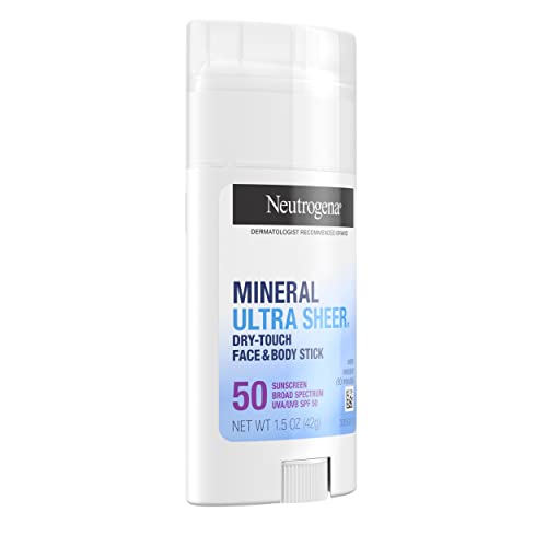 Neutrogena Ultra Sheer Dry Touch SPF 50 Mineral Sunscreen Stick for Sensitive Skin, Face & Body Sunscreen with Zinc Oxide & Vitamin E, No White Residue, Non-Comedogenic & Vegan, 1.5 oz