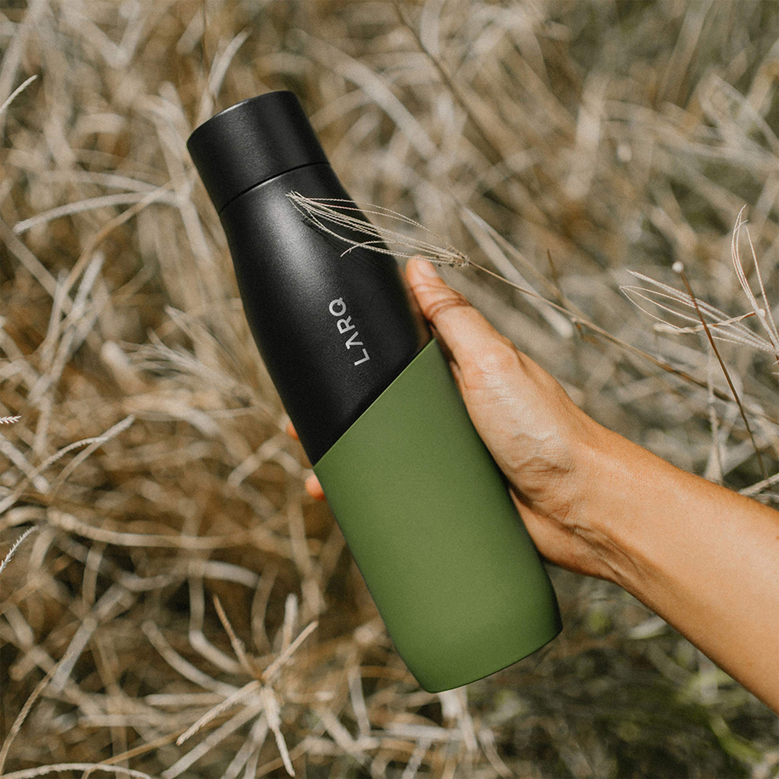 LARQ Bottle Movement PureVis 24 oz- Lightweight Self-Cleaning and Non-Insulated Stainless Steel Water Bottle with UV Water Purifier | Reusable & Travel Friendly, Black/Pine