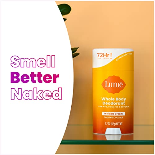 Lume Whole Body Deodorant - Invisible Cream Stick - 72 Hour Odor Control - Aluminum Free, Baking Soda Free, Skin Safe - 2.2 ounce (Toasted Coconut)