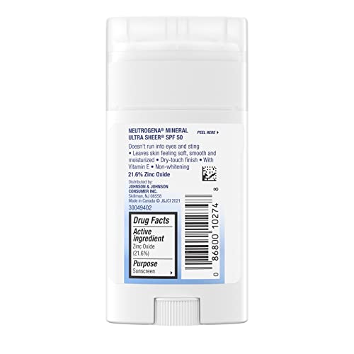 Neutrogena Ultra Sheer Dry Touch SPF 50 Mineral Sunscreen Stick for Sensitive Skin, Face & Body Sunscreen with Zinc Oxide & Vitamin E, No White Residue, Non-Comedogenic & Vegan, 1.5 oz